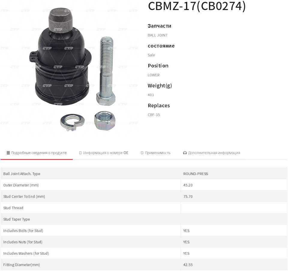 Шаровое соединение CTR CBMZ-17 (CB0274): изучение конструкции — DRIVE2