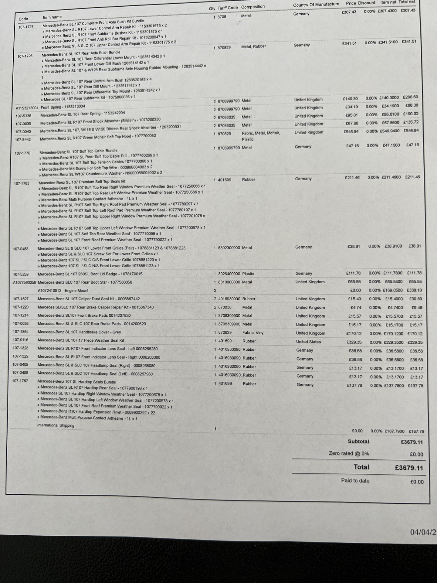 Скромный заказ запчастей — Mercedes-Benz SL-Class (R107), 2,8 л, 1983 ...