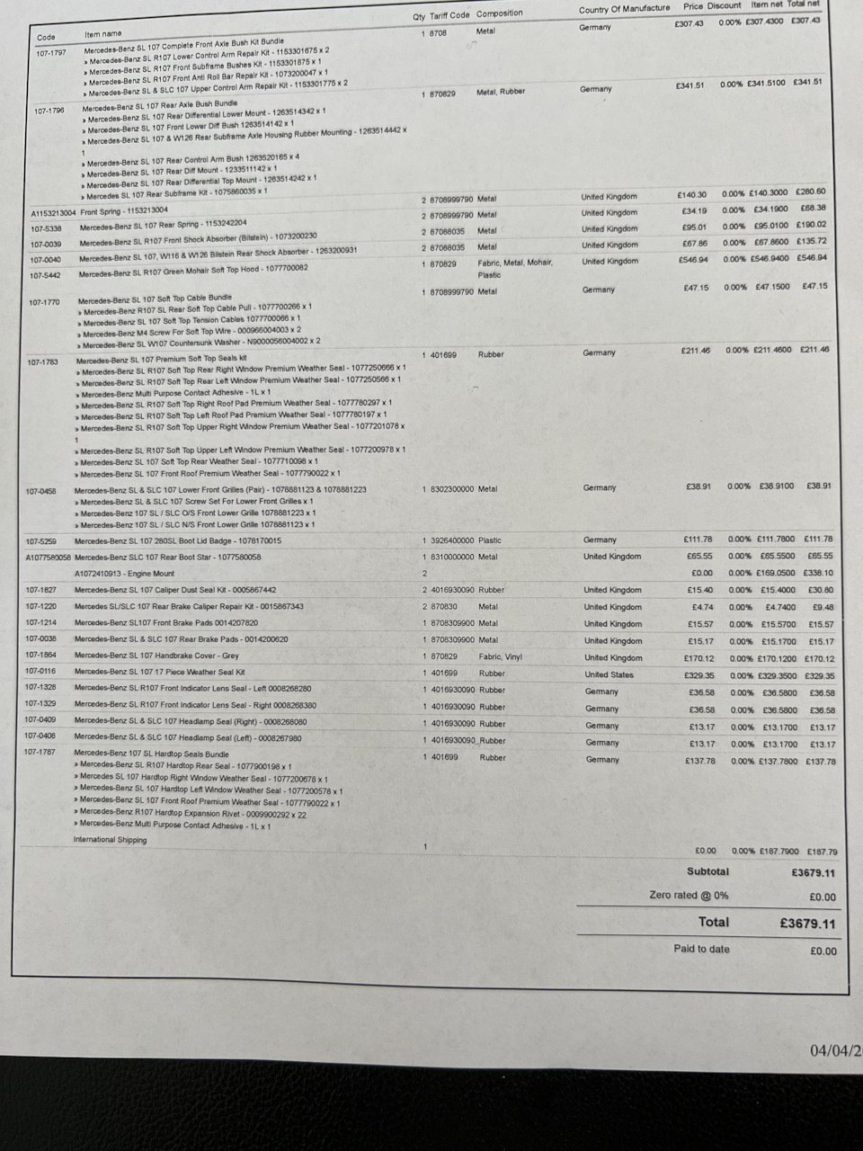 Скромный заказ запчастей — Mercedes-Benz SL-Class (R107), 2,8 л, 1983 ...