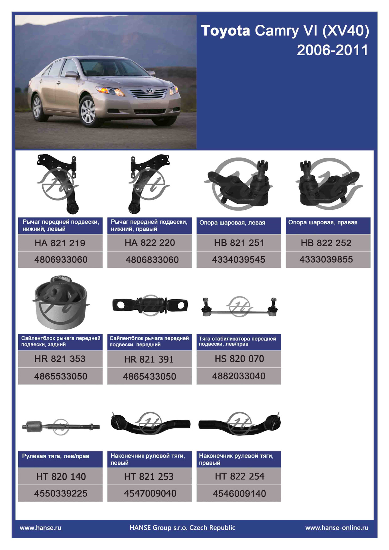 Перечень деталей "HANSE" для Toyota Camry VI (XV40) 2006-2011 — HANSE ...