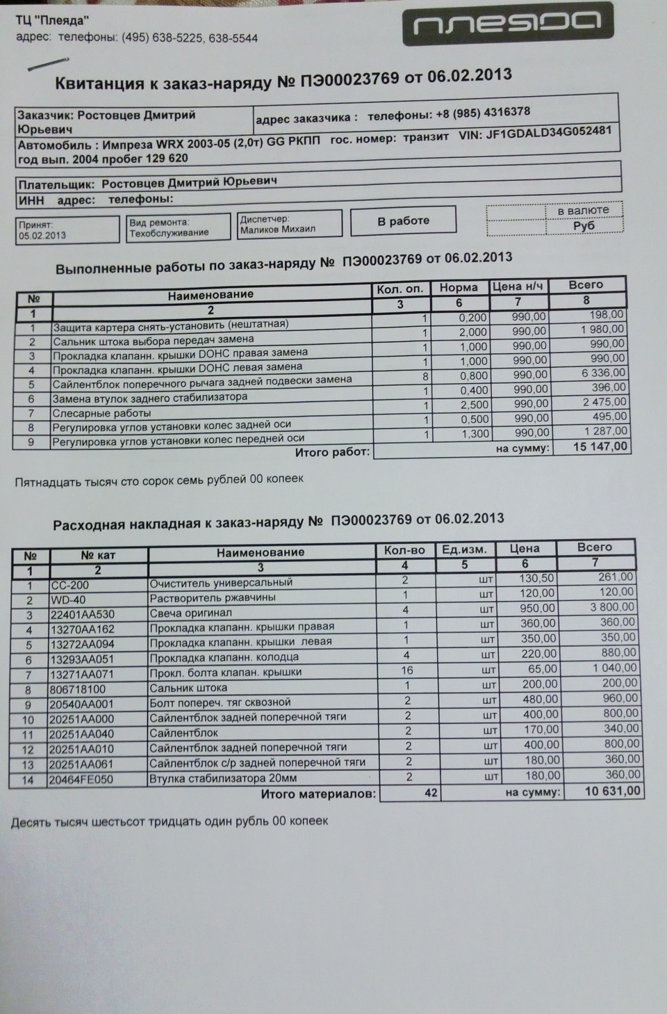 итоги диагностики — Subaru Impreza WRX (GD/GG), 2 л, 2004 года | визит ...