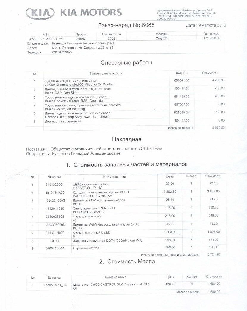 ТО — 30.000 км — KIA Pro_Ceed (1G), 1,6 л, 2009 года | плановое ТО | DRIVE2