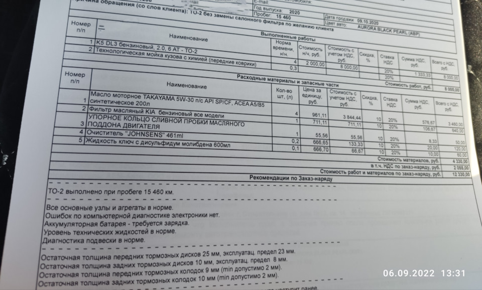 ТО-2 — KIA K5 (3G), 2 л, 2020 года | визит на сервис | DRIVE2