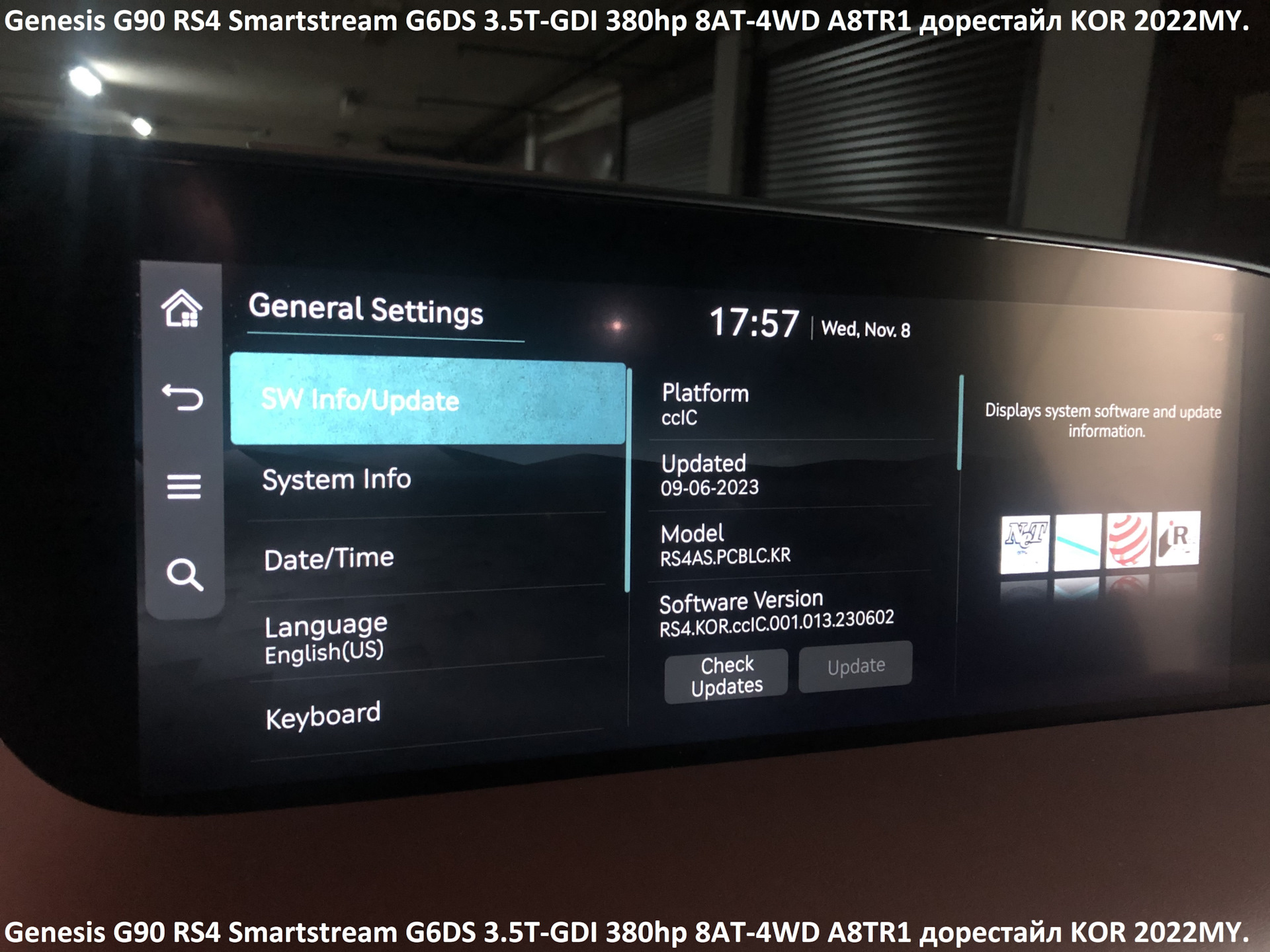 Genesis G90 RS4 Smartstream G6DS 3.5T-GDI 380hp 8AT-4WD A8TR1 дорестайл KOR 2022MY. Русификация ...