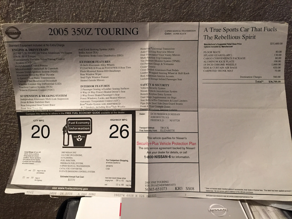 Window sticker price — Nissan 350Z, 3,5 л, 2005 года | наблюдение | DRIVE2