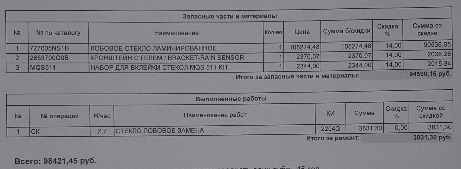 Замена ветрового стекла по КАСКО — Infiniti QX50 (2G), 2 л, 2018 года ...