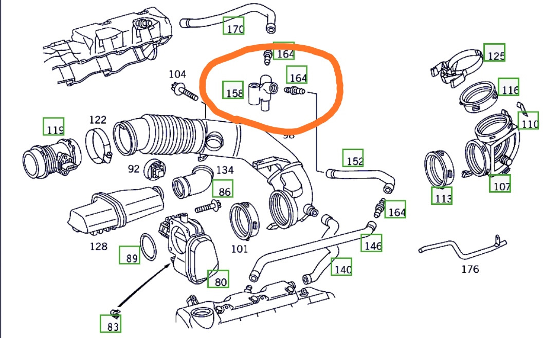 Тройник системы ВКГ — Mercedes-Benz S-Class (W220), 3,2 л, 2001 года ...
