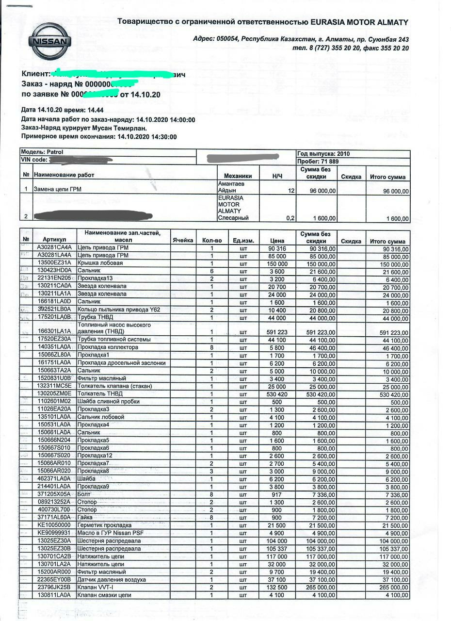 Замена цепи у Дилера Nissan center Almaty — Nissan Patrol (Y62), 5,6 л ...