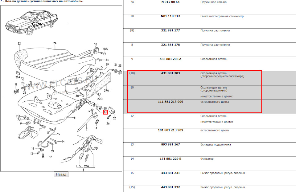 Cкользящая деталь для сидений — Audi 100 (C3), 1,8 л, 1987 года ...