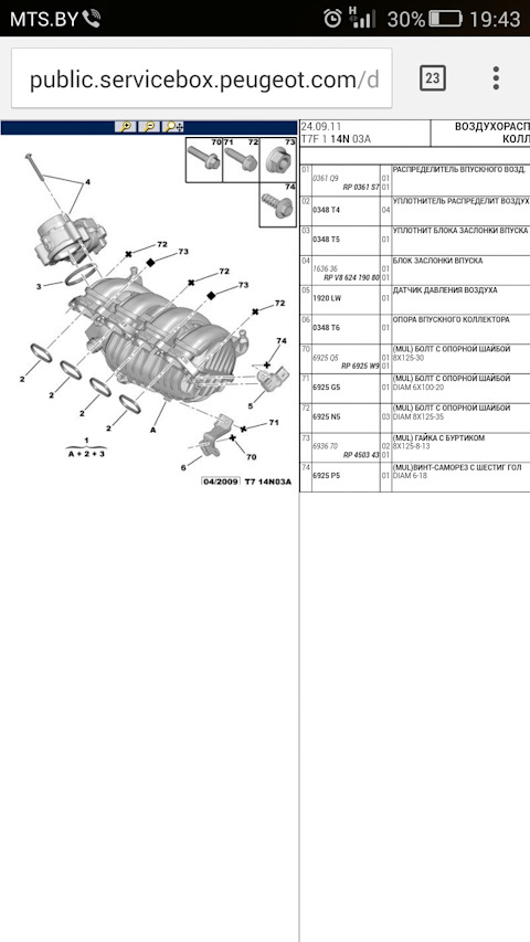 0348T4 КОМПЛЕКТ ПРОКЛАДОК, ВПУСКНОЙ КОЛЛЕКТОР Peugeot Citroen ...