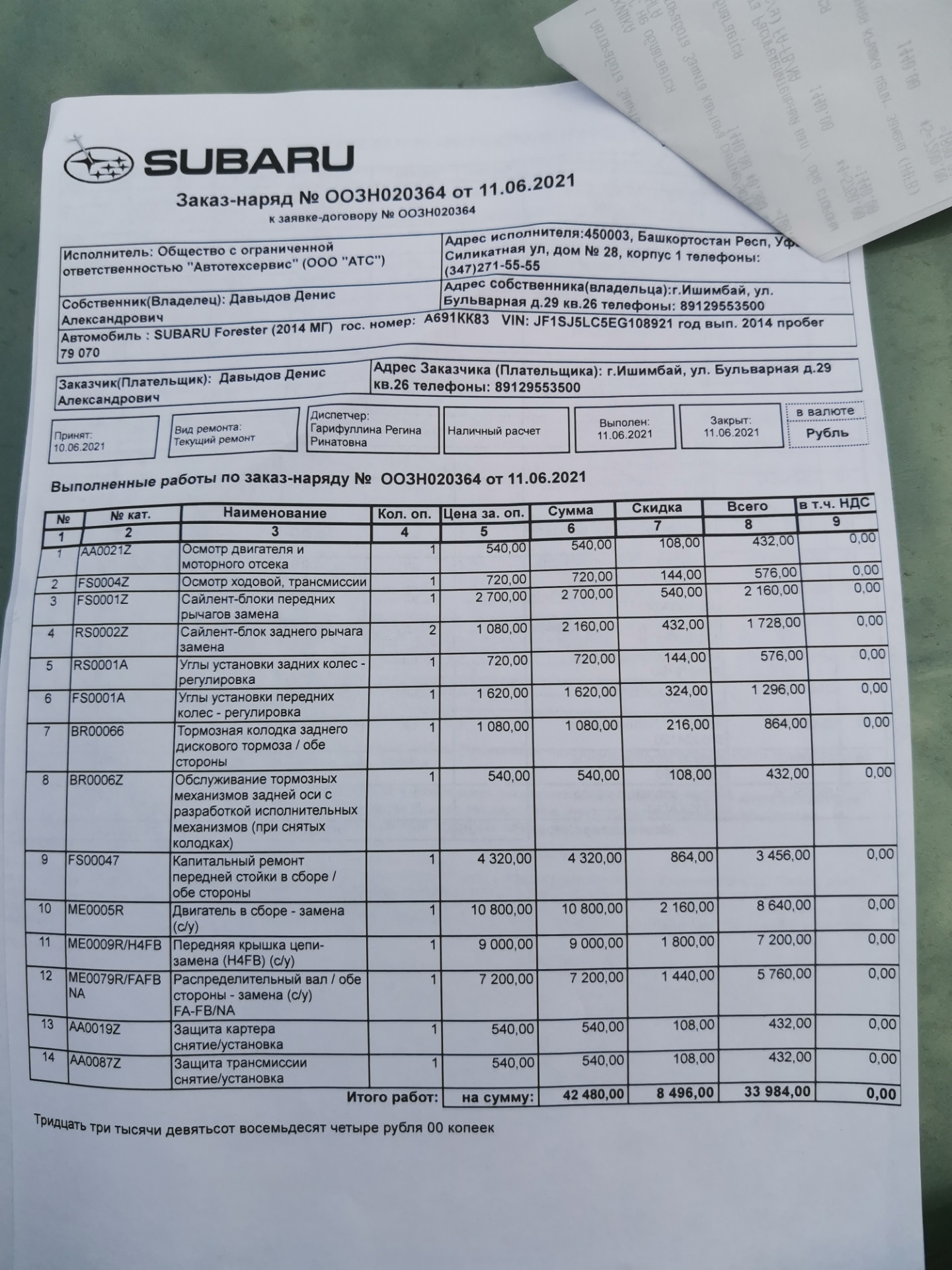 Сервис Уфа ОД — Subaru Forester (SJ), 2 л, 2014 года | визит на сервис ...