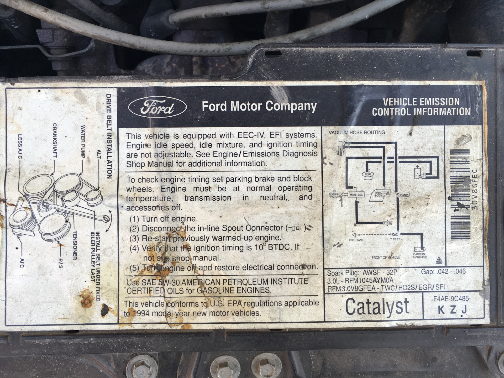 Подкапотные таблички — Ford Taurus (2G), 3 л, 1994 года | просто так ...