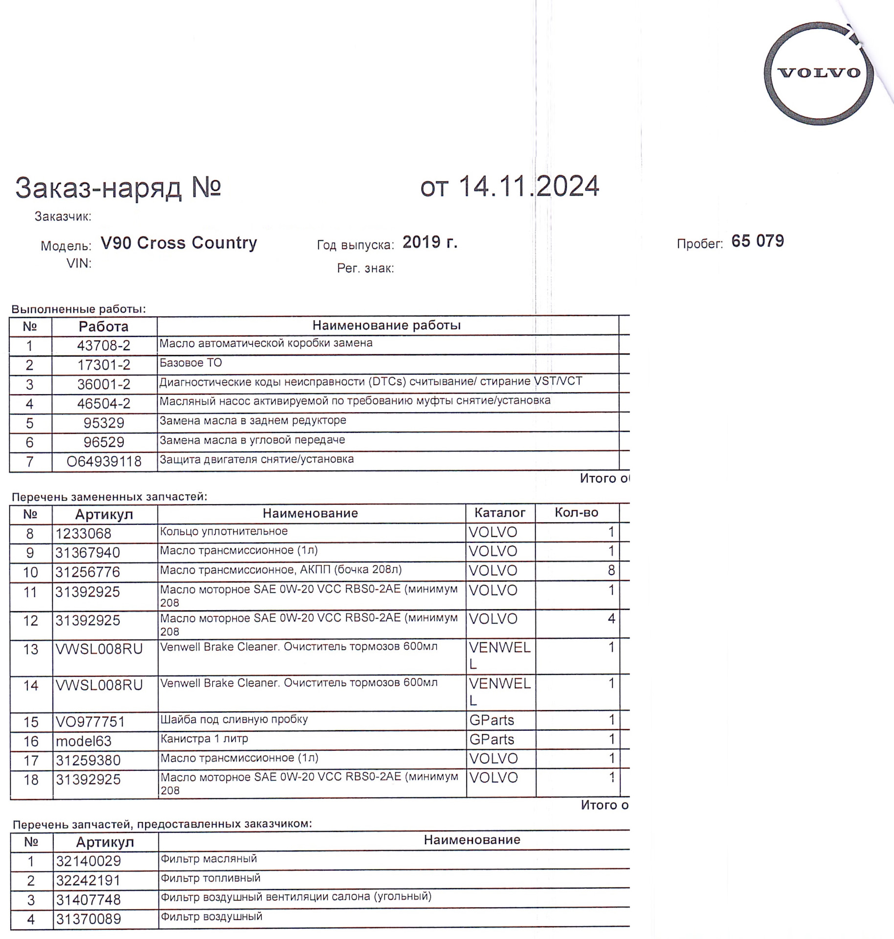 Первое ТО (5) — Volvo V90 Cross Country, 2 л, 2019 года | плановое ТО ...