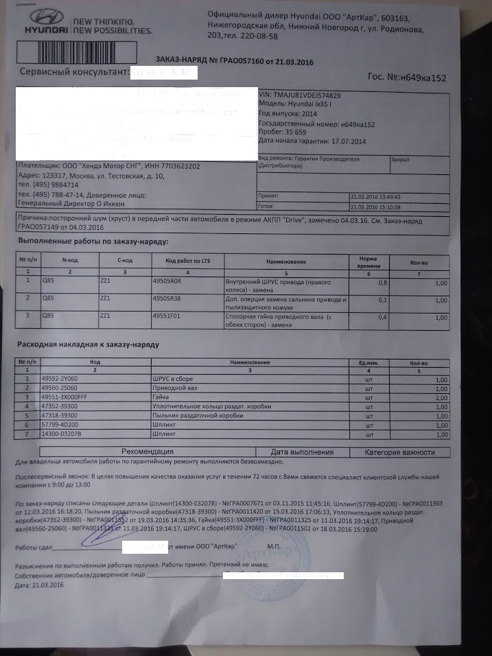 починили — Hyundai ix35, 2 л, 2014 года | визит на сервис | DRIVE2