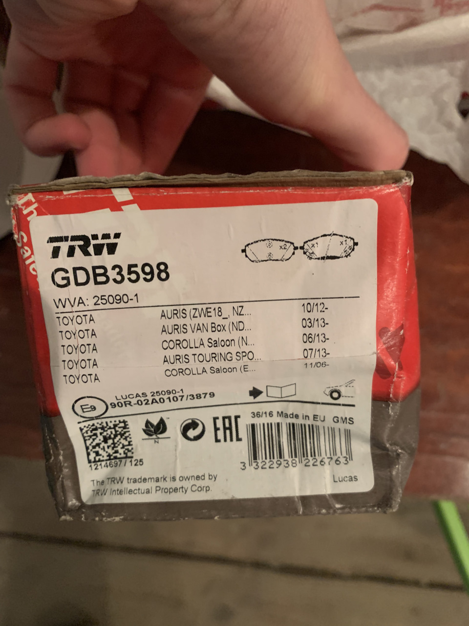 GDB3598 Комплект тормозных колодок, дисковый тормоз для TOYOTA TRW ...