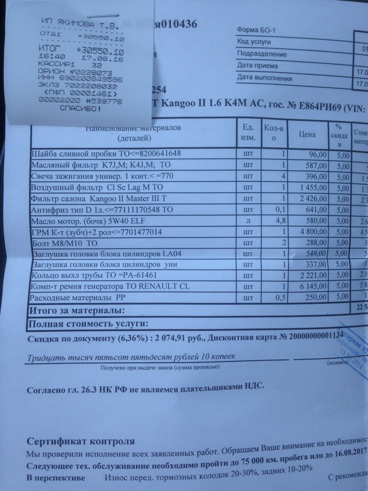 ТО 4 пройдено — Renault Kangoo (2013), 1,6 л, 2014 года | плановое ТО ...