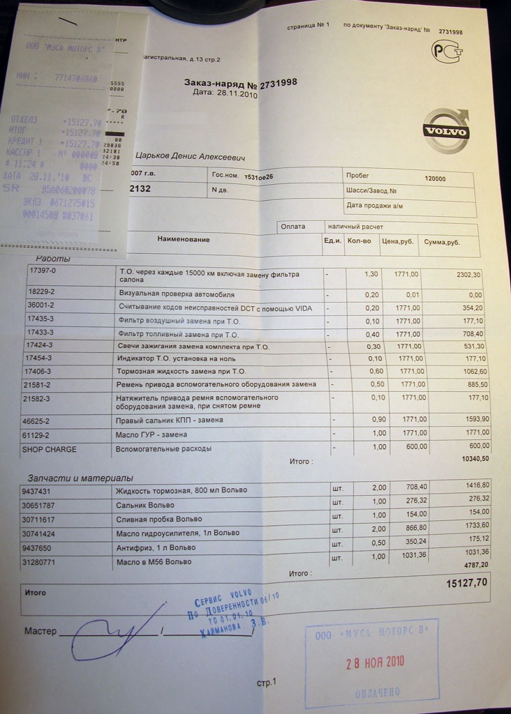 ТО-120000 калькуляция — Volvo S40 (2G), 1,8 л, 2007 года | плановое ТО ...