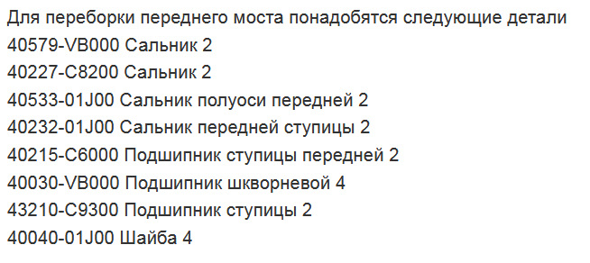 Список запчастей на ремонт переднего моста. — Nissan Patrol (Y61), 3 л ...