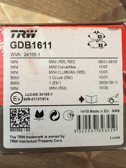 GDB1611 Комплект тормозных колодок, дисковый тормоз для BMW, MINI TRW ...