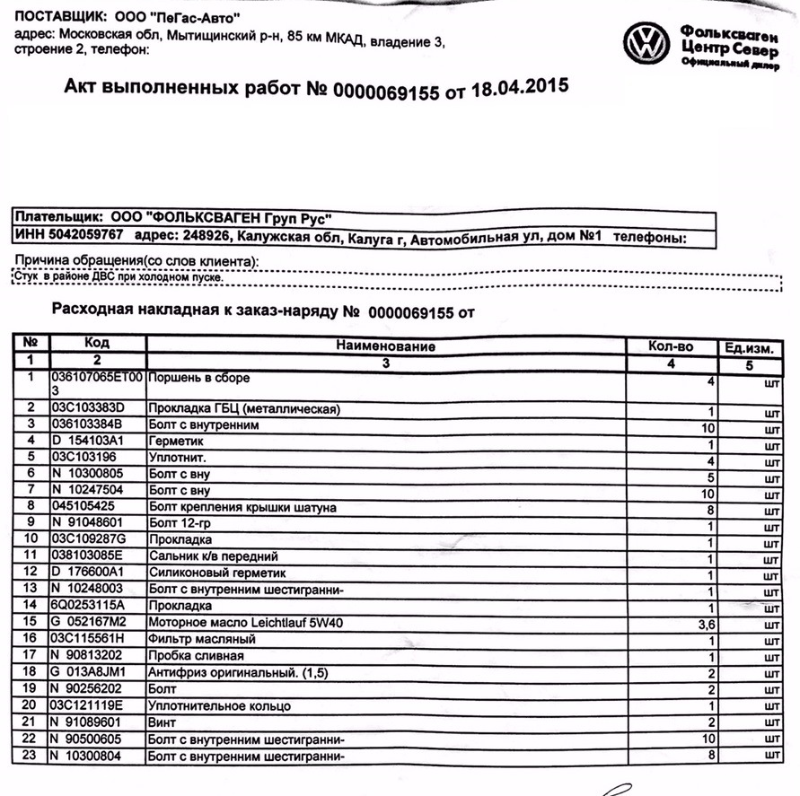 История послегарантийной замены шатунно поршневой группы — Volkswagen ...