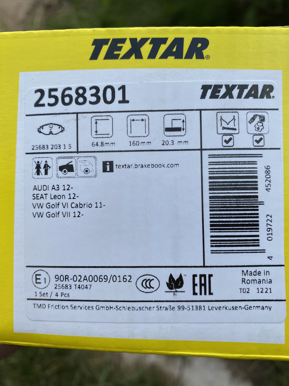 2568301 Комплект тормозных колодок. Передняя ось TEXTAR | Запчасти на ...