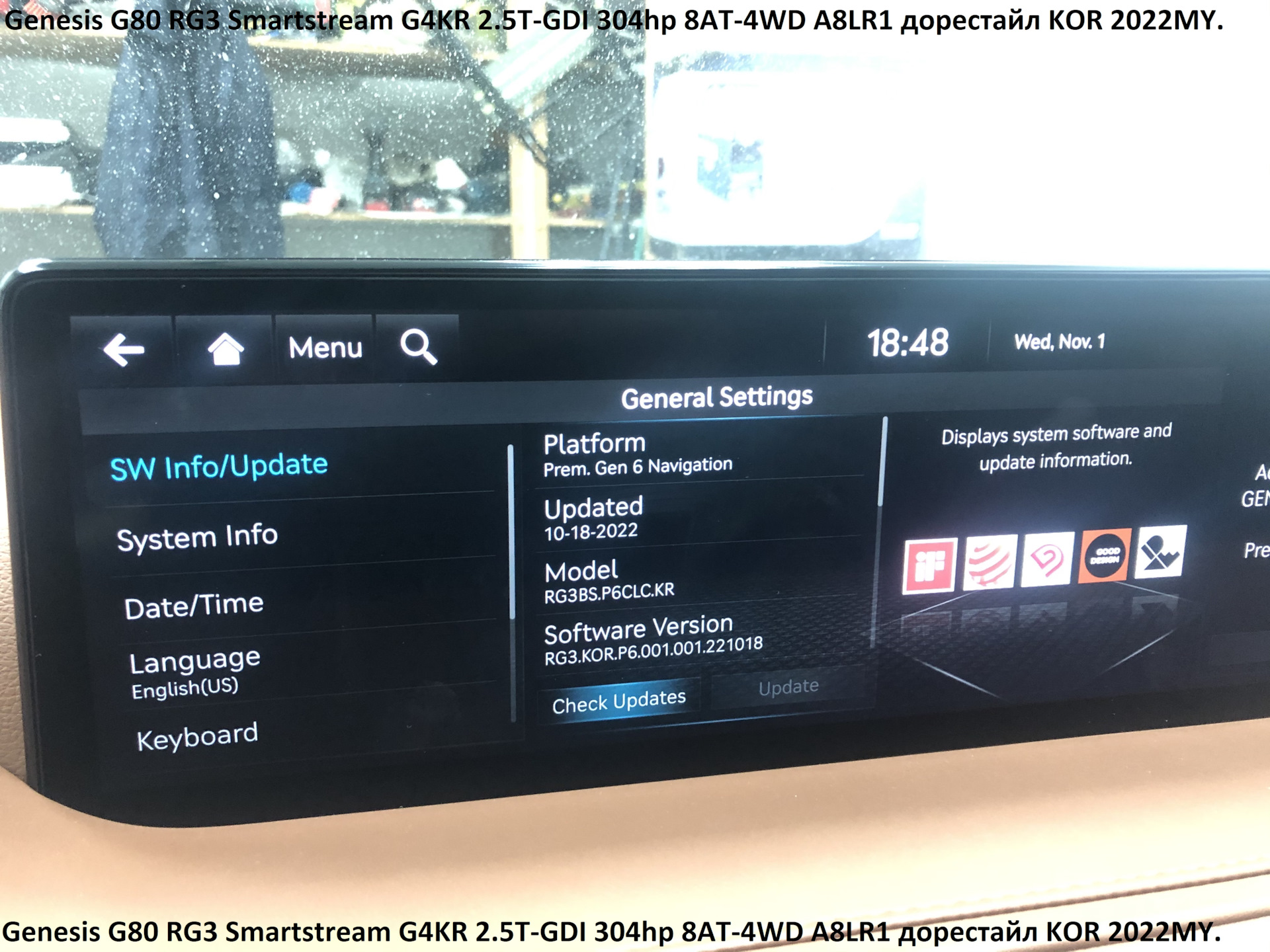 Genesis G80 RG3 Smartstream G4KR 2.5T-GDI 304hp 8AT-4WD A8LR1 дорестайл KOR 2022MY. Русификация ...