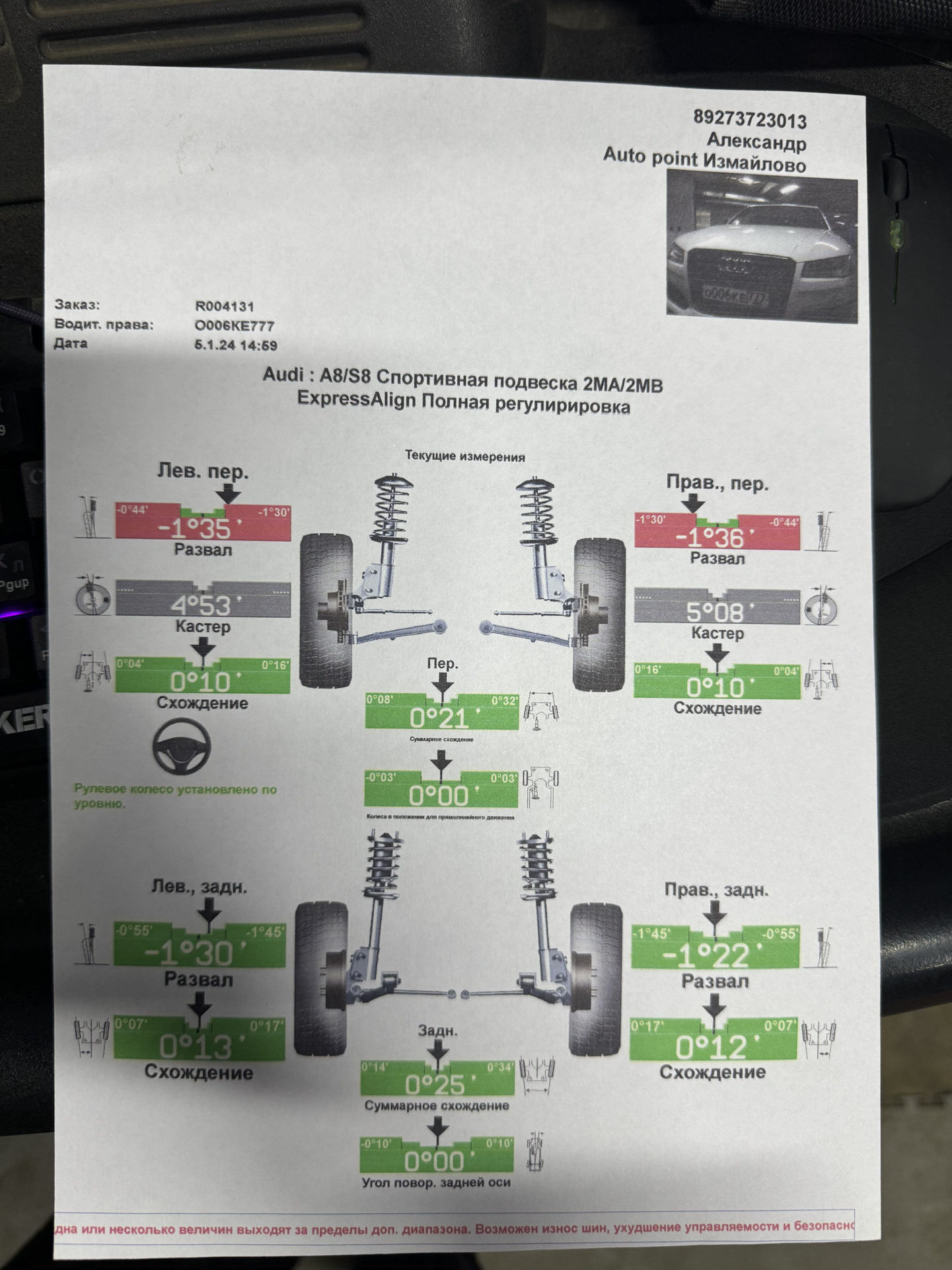 Сход развал проверка хч — Audi S8 (D4), 4 л, 2016 года | визит на сервис | DRIVE2