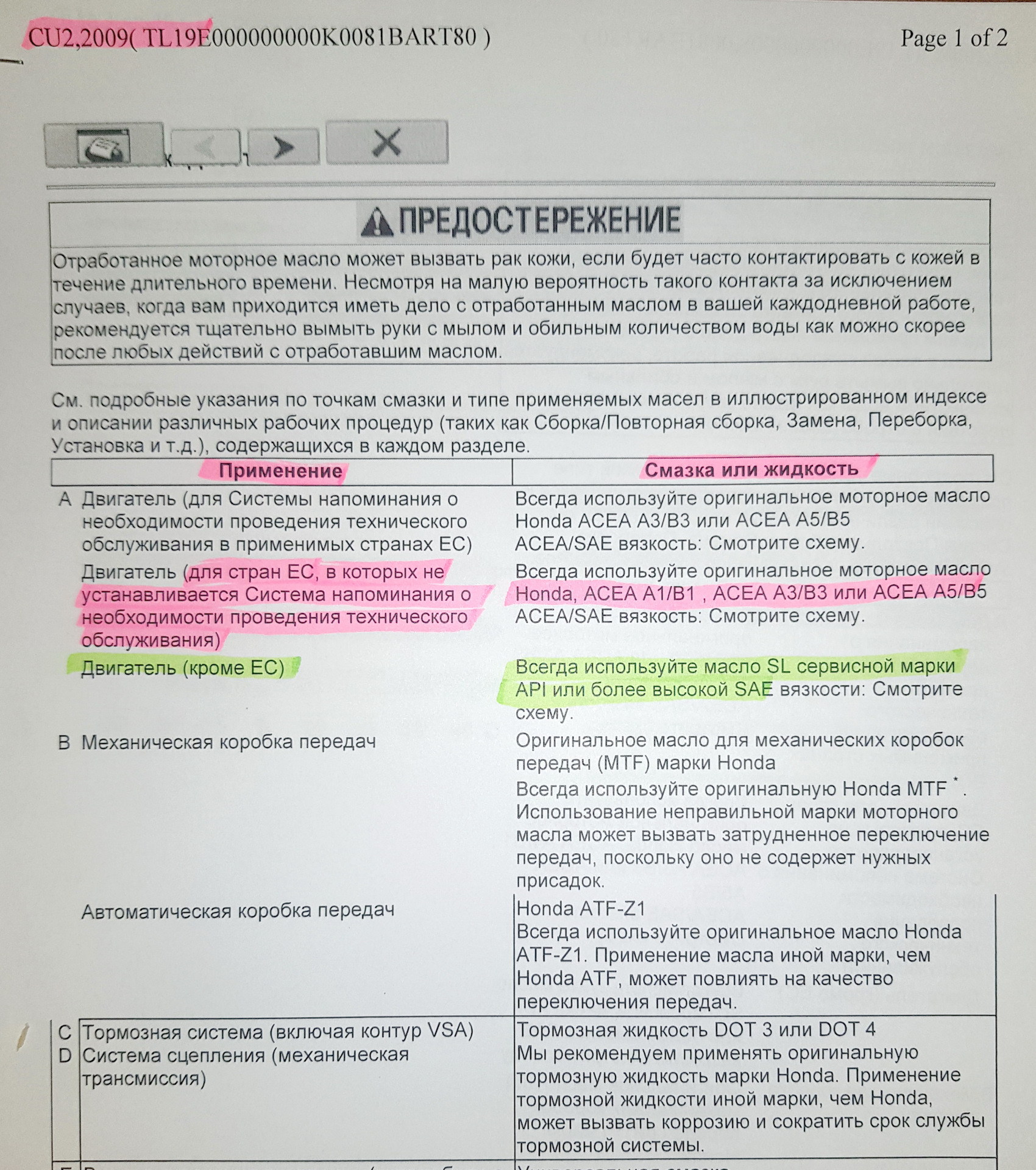 требования (допуски) к моторному маслу для CU2 — Honda Accord (8G), 2,4 ...