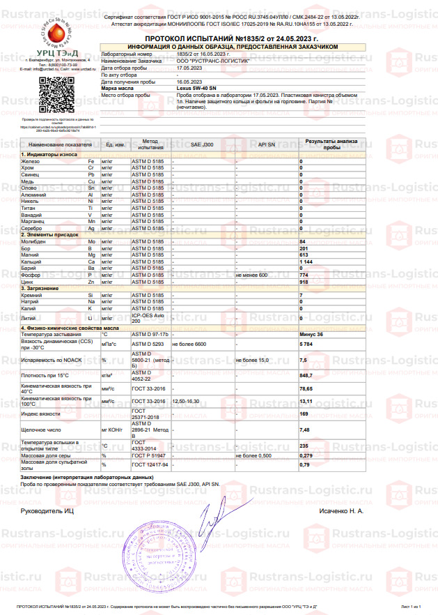 Сертификаты качества для масла Lexus SN 5W-40 🔥 — Rustrans-Logistic.ru ...