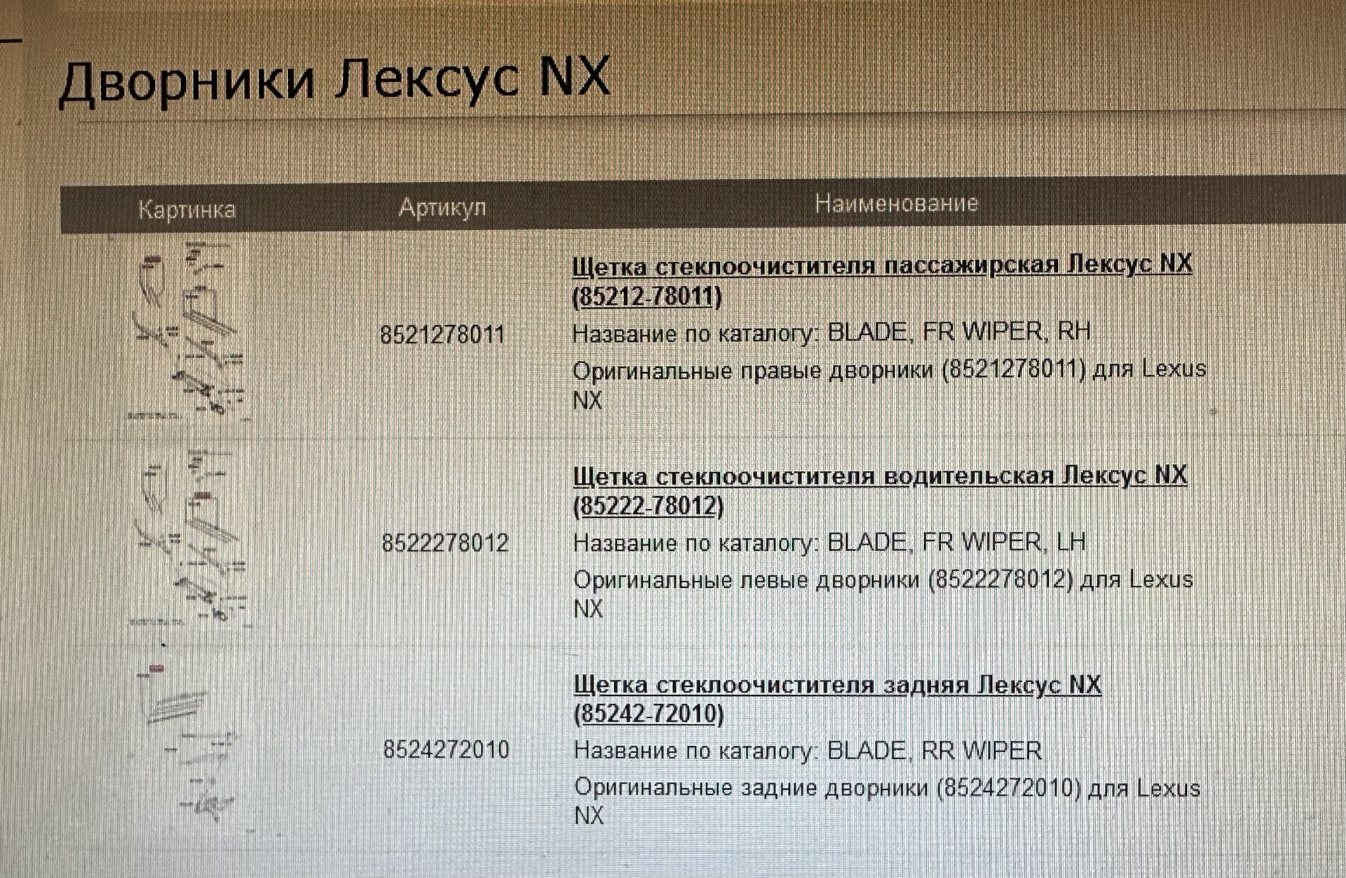 Информация для выбора щеток Lexus NX — Lexus NX (1G), 2 л, 2020 года ...