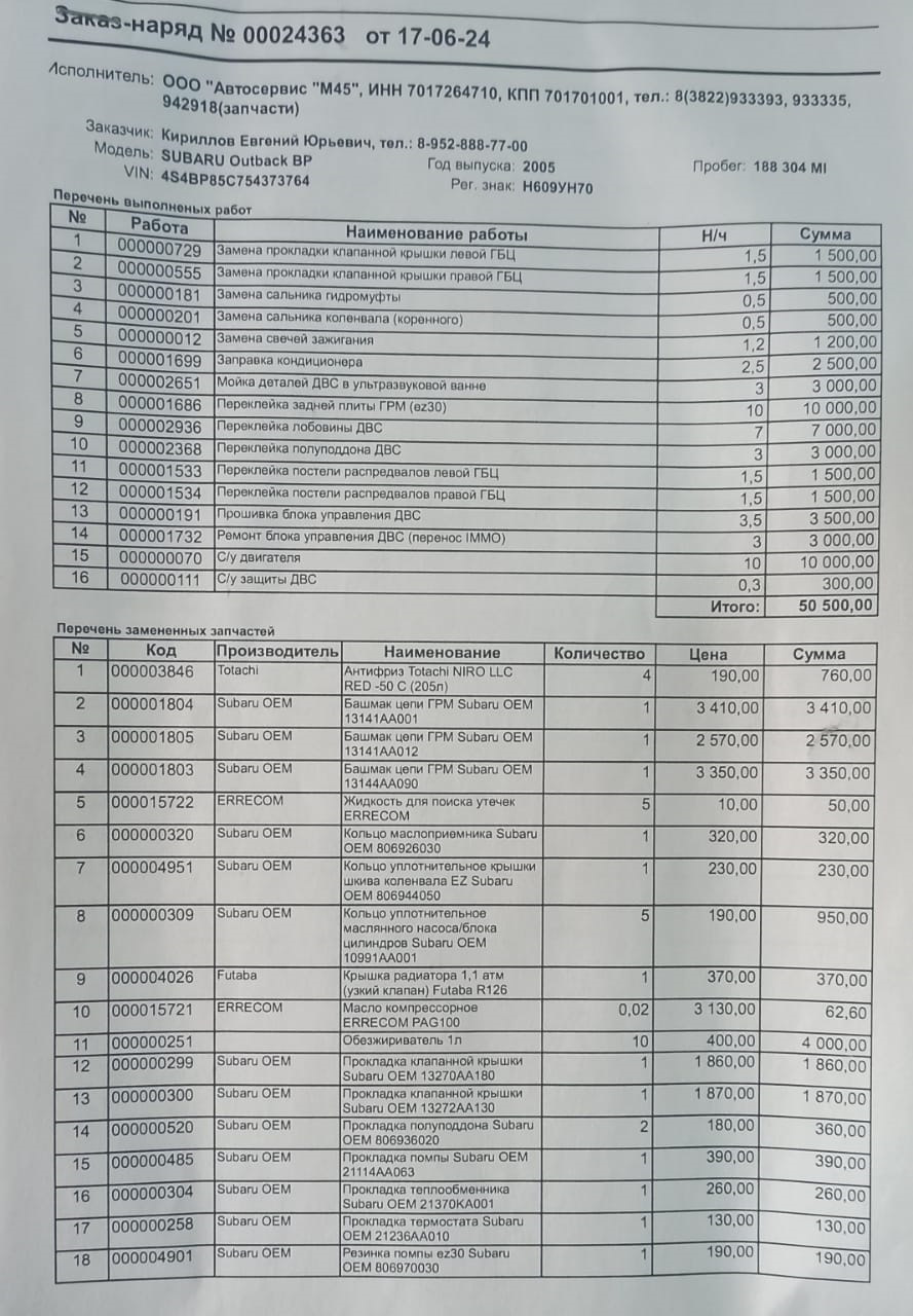 Снова сто — Subaru Outback (BP), 3 л, 2005 года | визит на сервис | DRIVE2