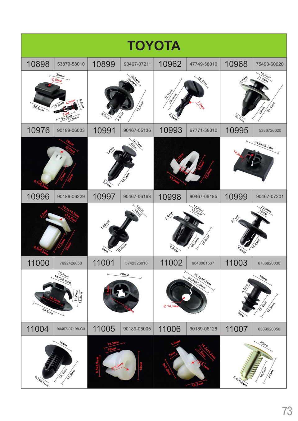 Каталог клипс и крепежа Toyota с размерами и номерами — Toyota Corolla ...