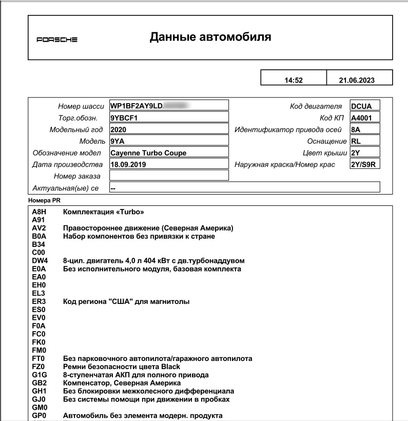 Комплектация Porsche по VIN