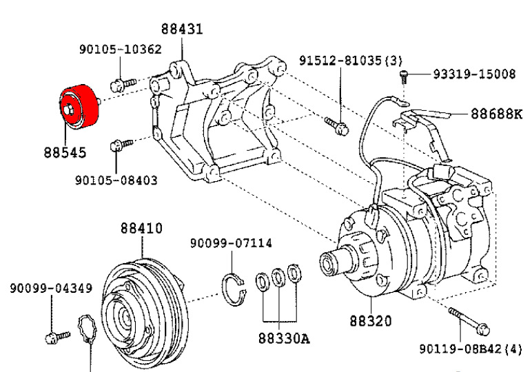 Замена подшипников обводного ролика кондиционера 2TR-Fe 88440-25070 ...