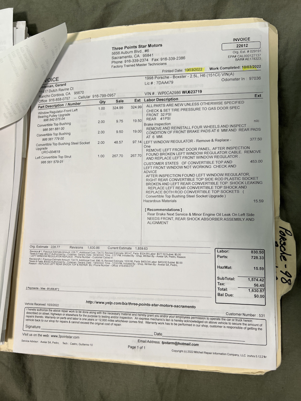 Стоимость обслуживания Порше в США — Porsche Boxster (986), 2,5 л, 1998 ...