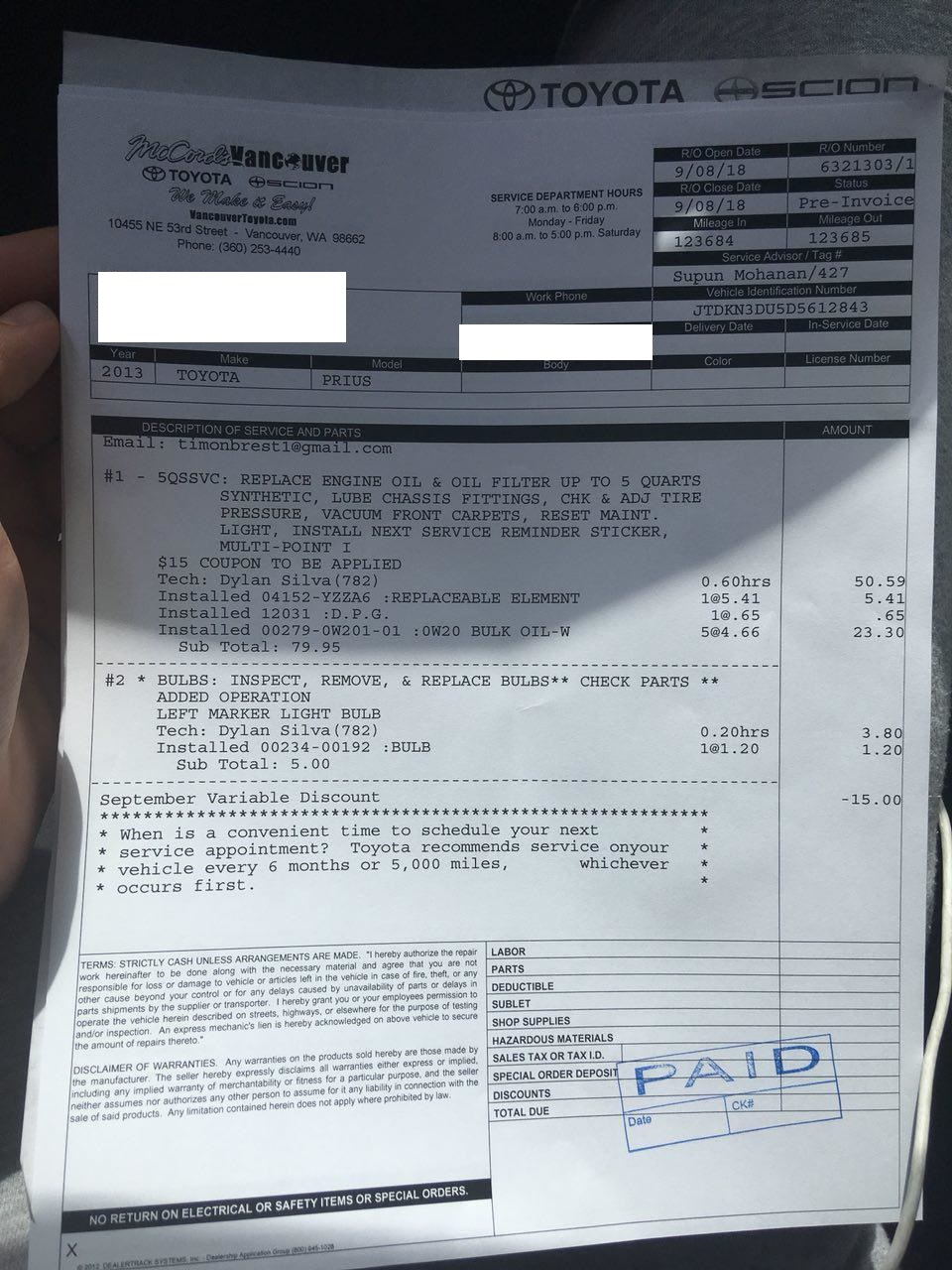 Дилер Toyota — Toyota Prius (30), 1,8 л, 2013 года | плановое ТО | DRIVE2