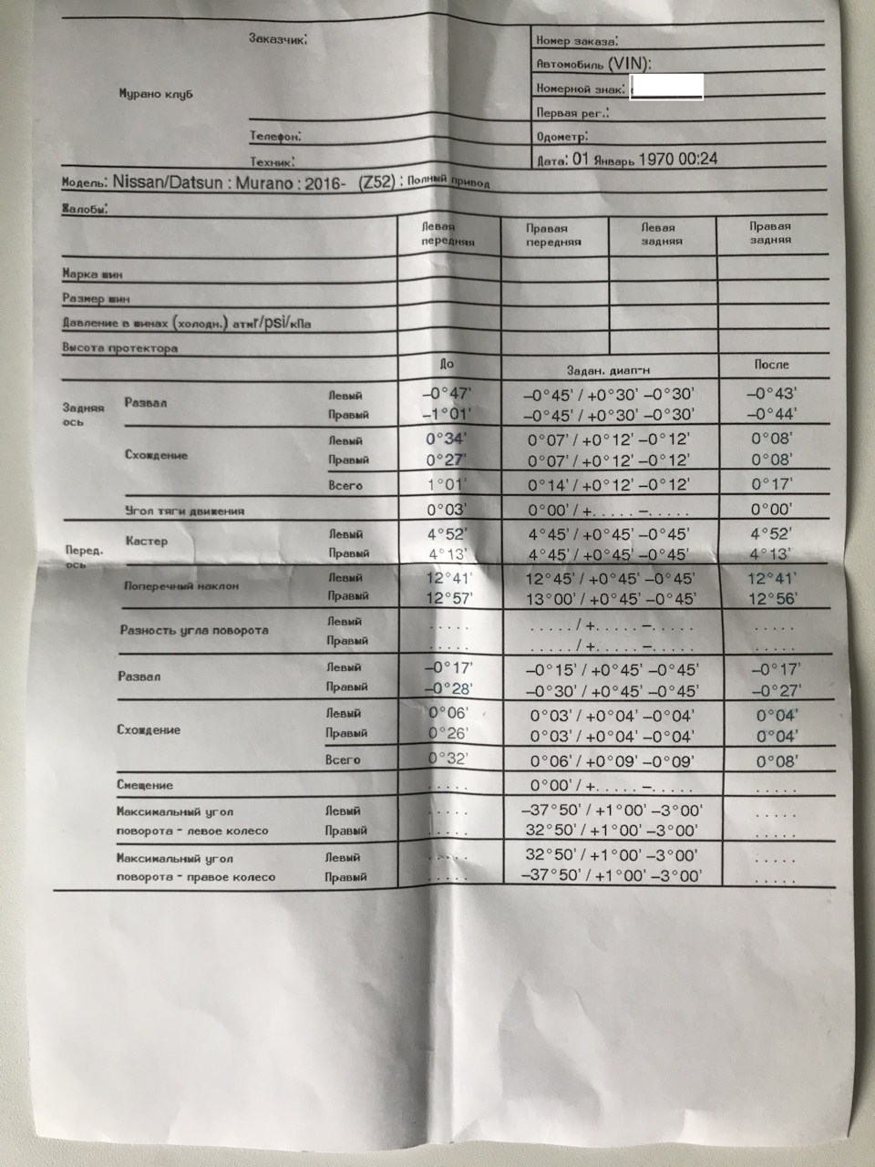 Смазка развальных болтов + сход/развал — Nissan Murano III, 3,5 л, 2018 ...