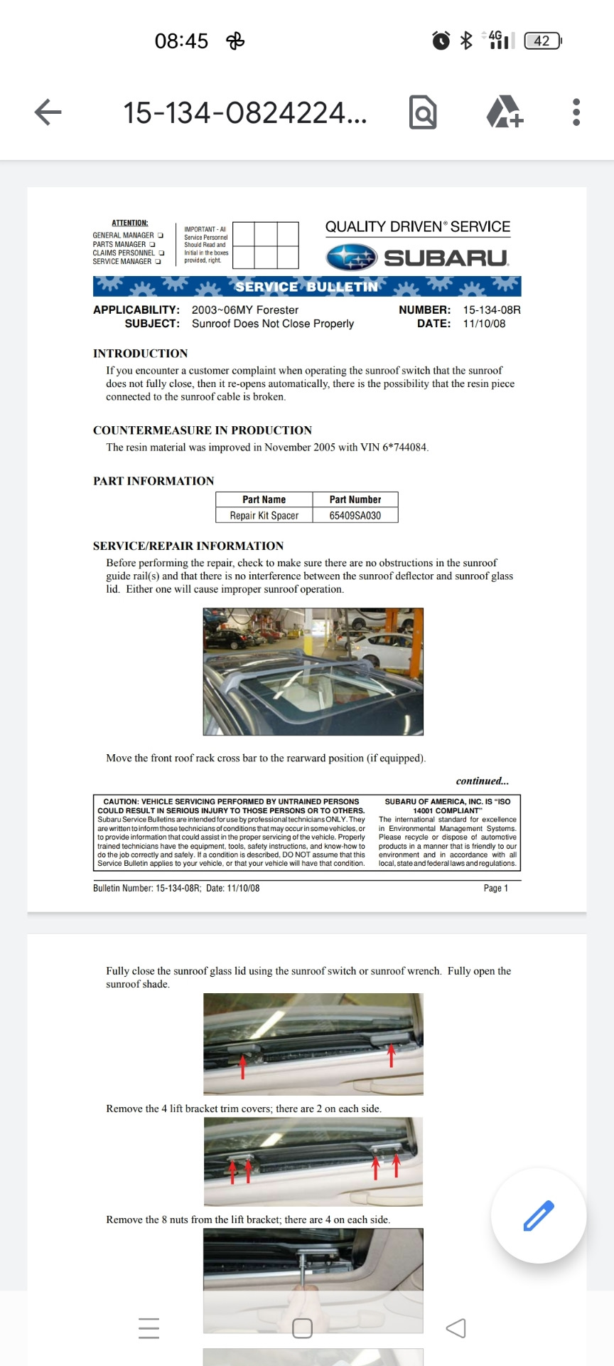 Оказывается subaru знает что есть проблема с люком и есть готовое ...