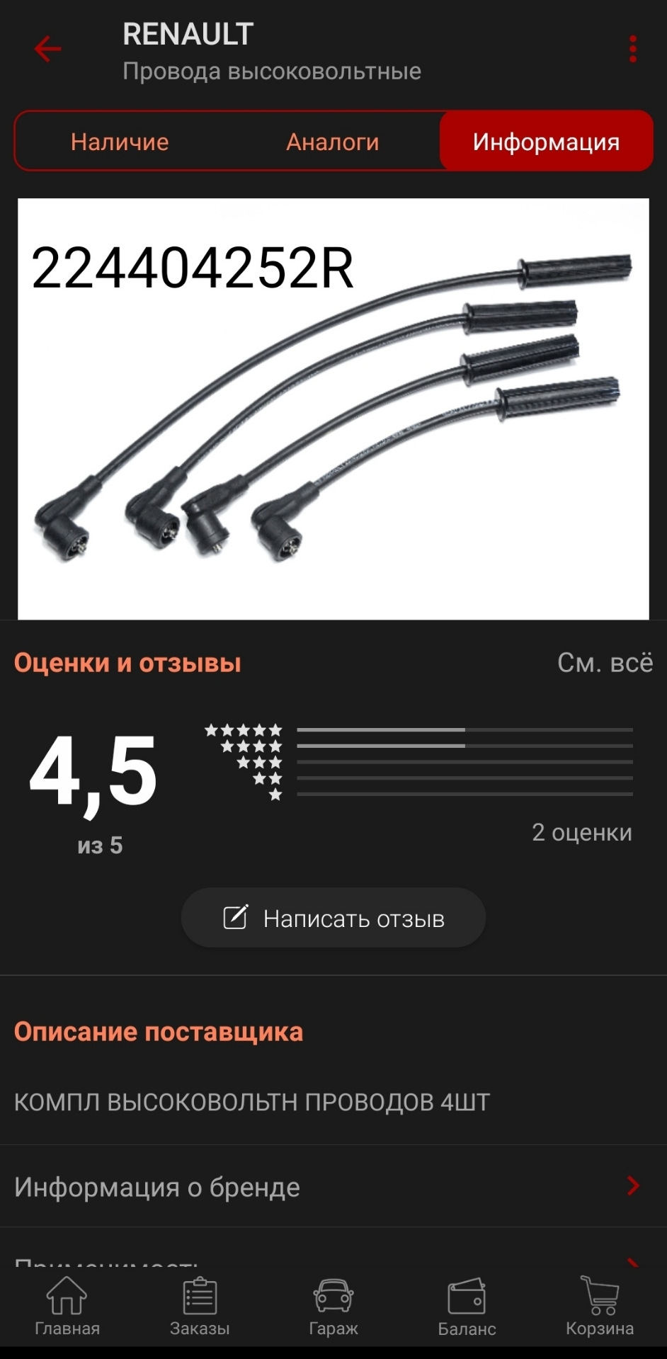 224404252R Комплект проводов для свечей зажигания ам RENAULT | Запчасти ...