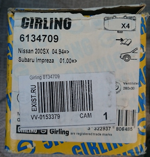 6134709 Комплект тормозных колодок, дисковый тормоз GIRLING | Запчасти ...