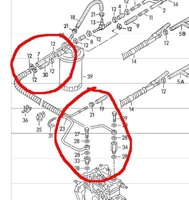 Топливоподвод к ТНВД и обратка — Volkswagen Transporter T4, 2,5 л, 1997 ...