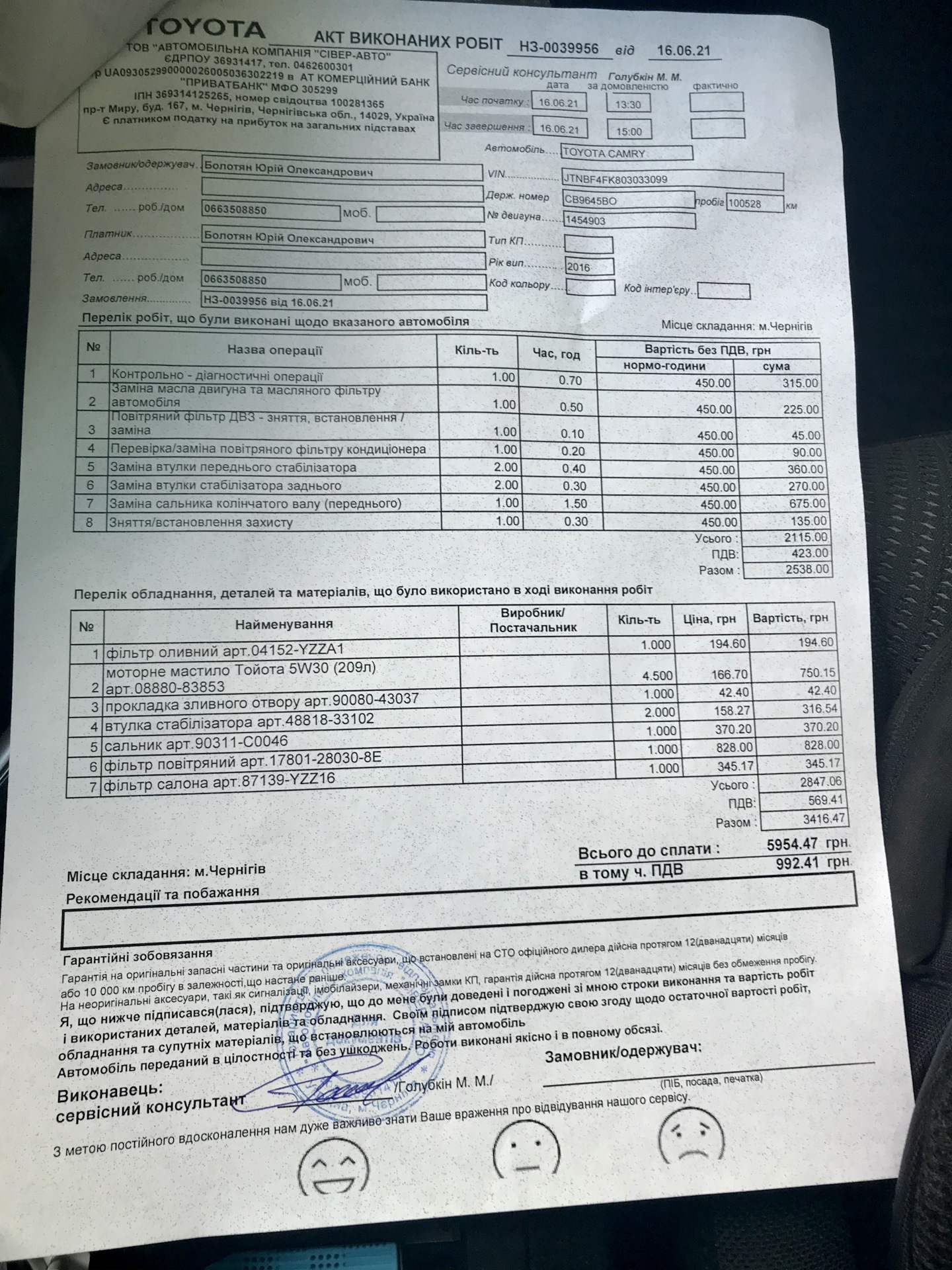 ТО 105 тис — Toyota Camry (XV50), 2,5 л, 2016 года | плановое ТО | DRIVE2