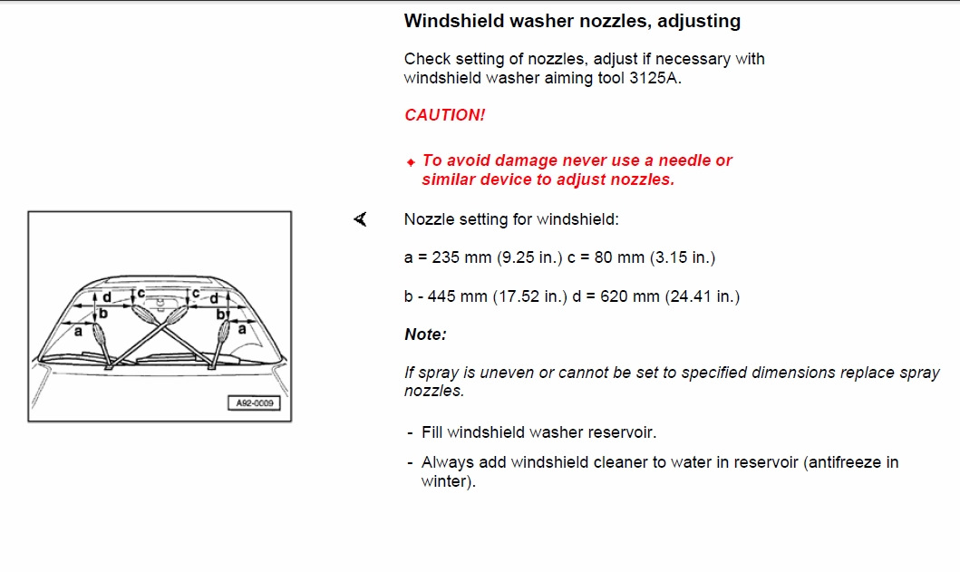 Регулировка водяных струй системы омывания ветрового стекла. — Audi A4 ...
