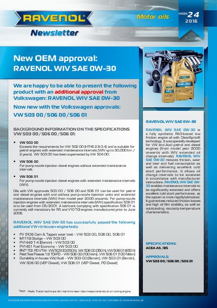 Масло RAVENOL WIV 0W-30 получило официальные допуски VAG 503 00 / 506 ...