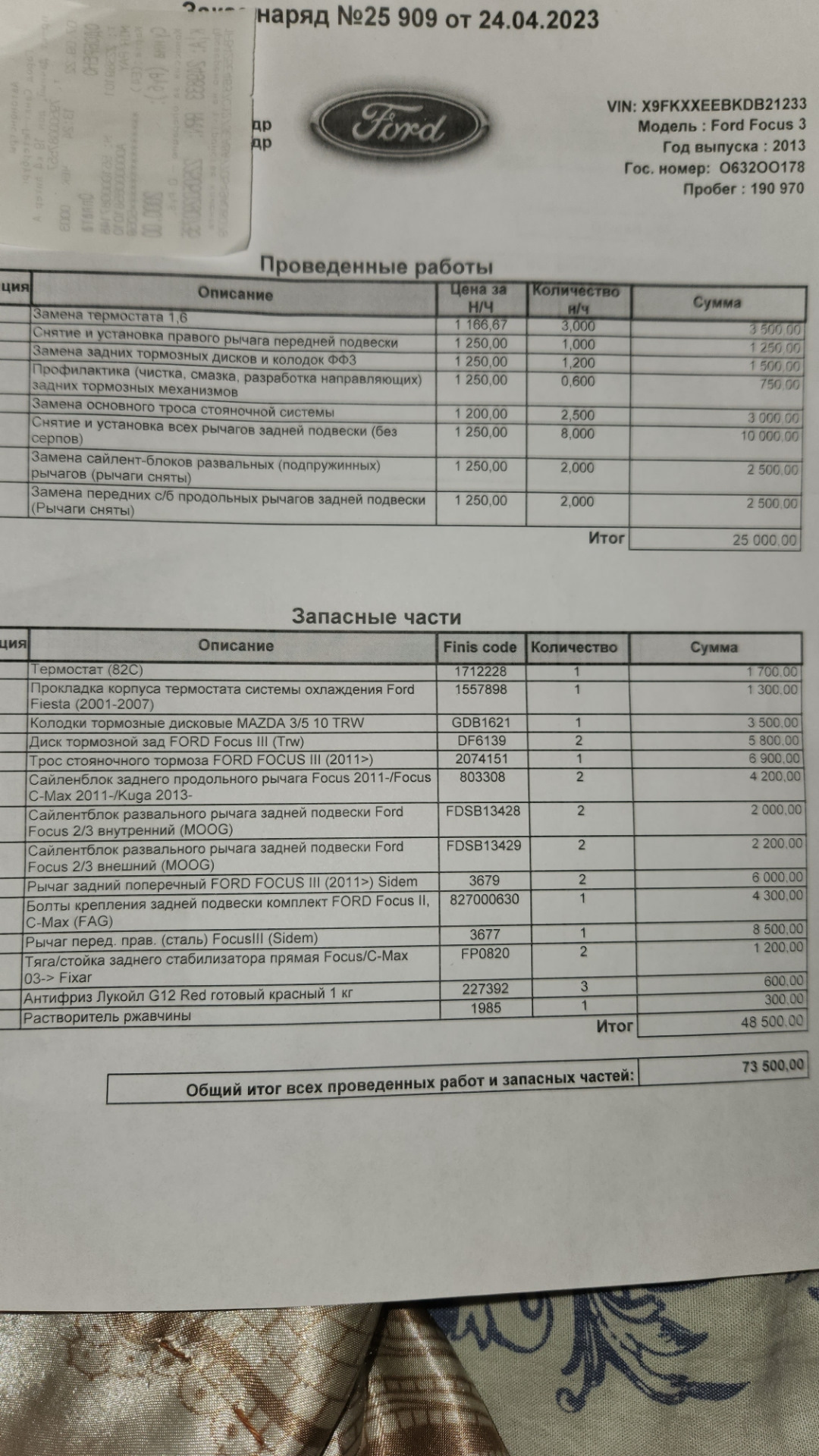 ТО 190970 (24.04.23) — Ford Focus Hatchback III, 1,6 л, 2013 года ...