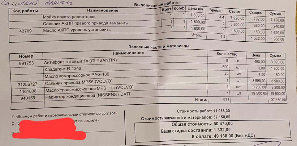 Радиатор AC, сальник привода MPS6 — Volvo XC60 (1G), 2 л, 2010 года ...