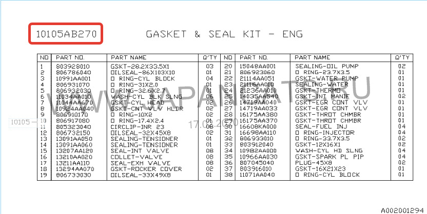 10105AB270 GSKET & SEAL SET ENG SUBARU | Запчасти на DRIVE2