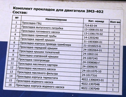 241009070 Комплект прокладок двигателя (ЗМЗ 402) (17 штук) GAZ ...