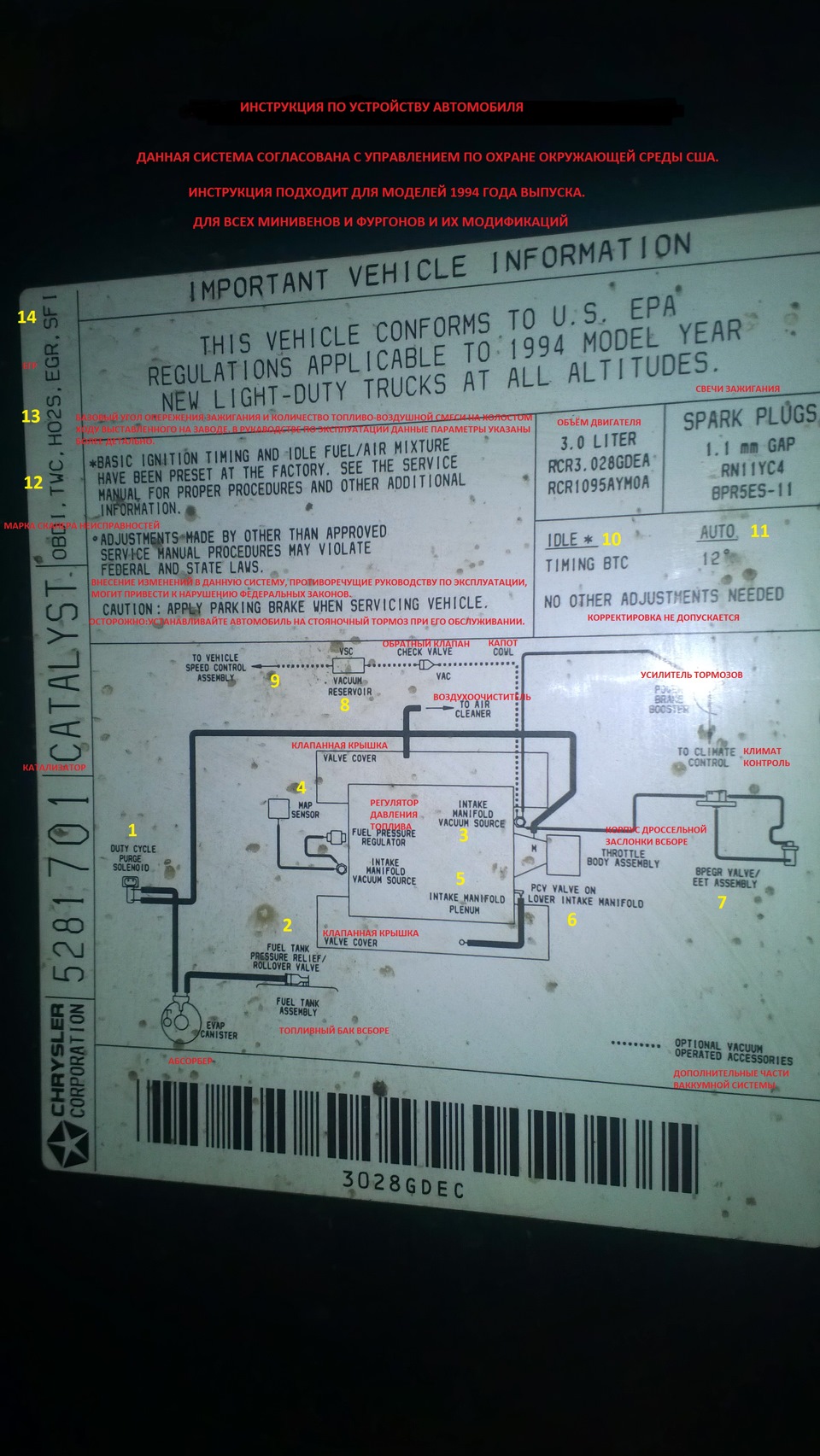 Расшифровка подкапотных табличек крокодила — Plymouth Voyager II, 3 л ...