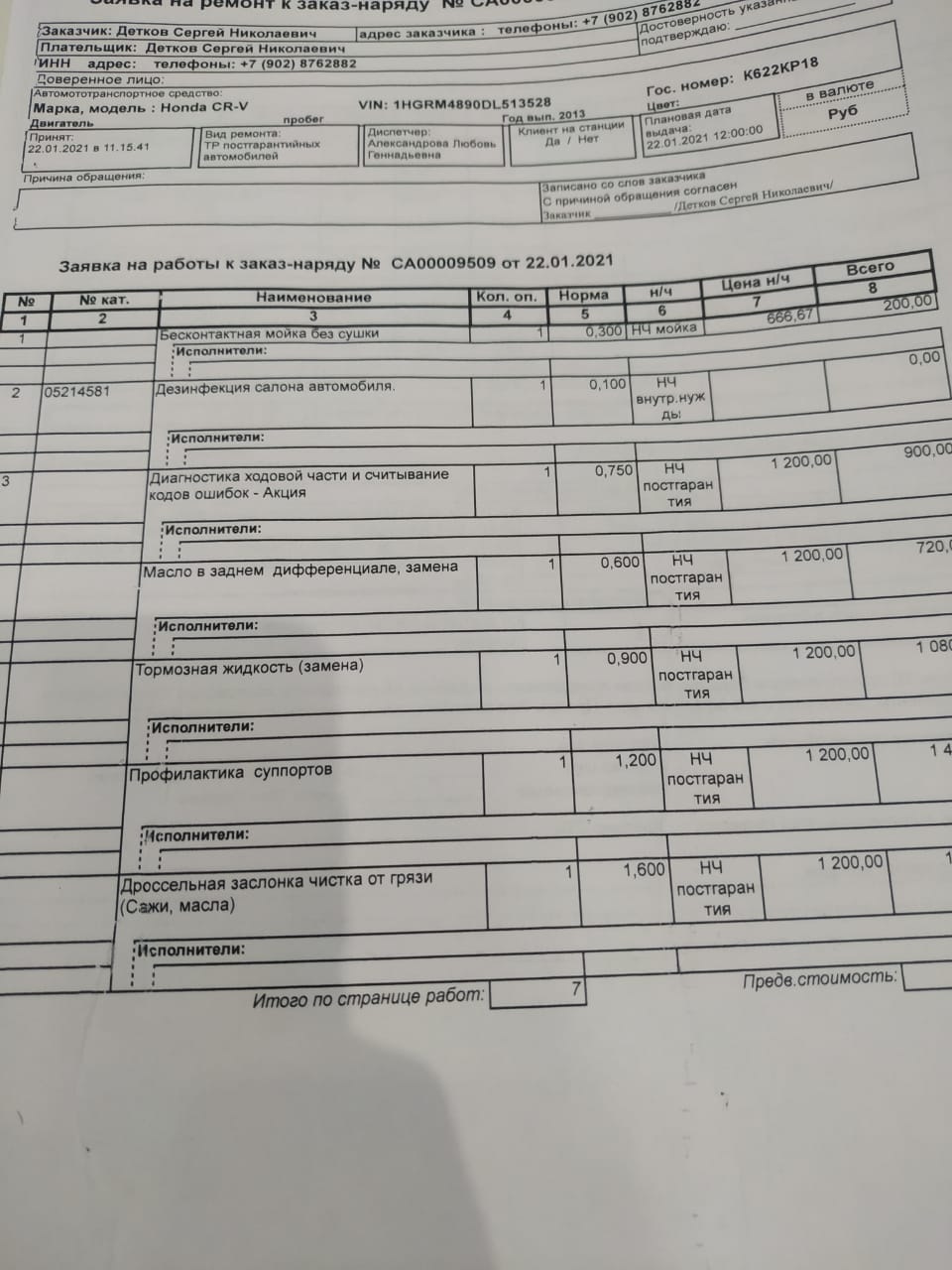 Расценки у дилера — Honda CR-V (RM), 2,4 л, 2013 года | визит на сервис ...